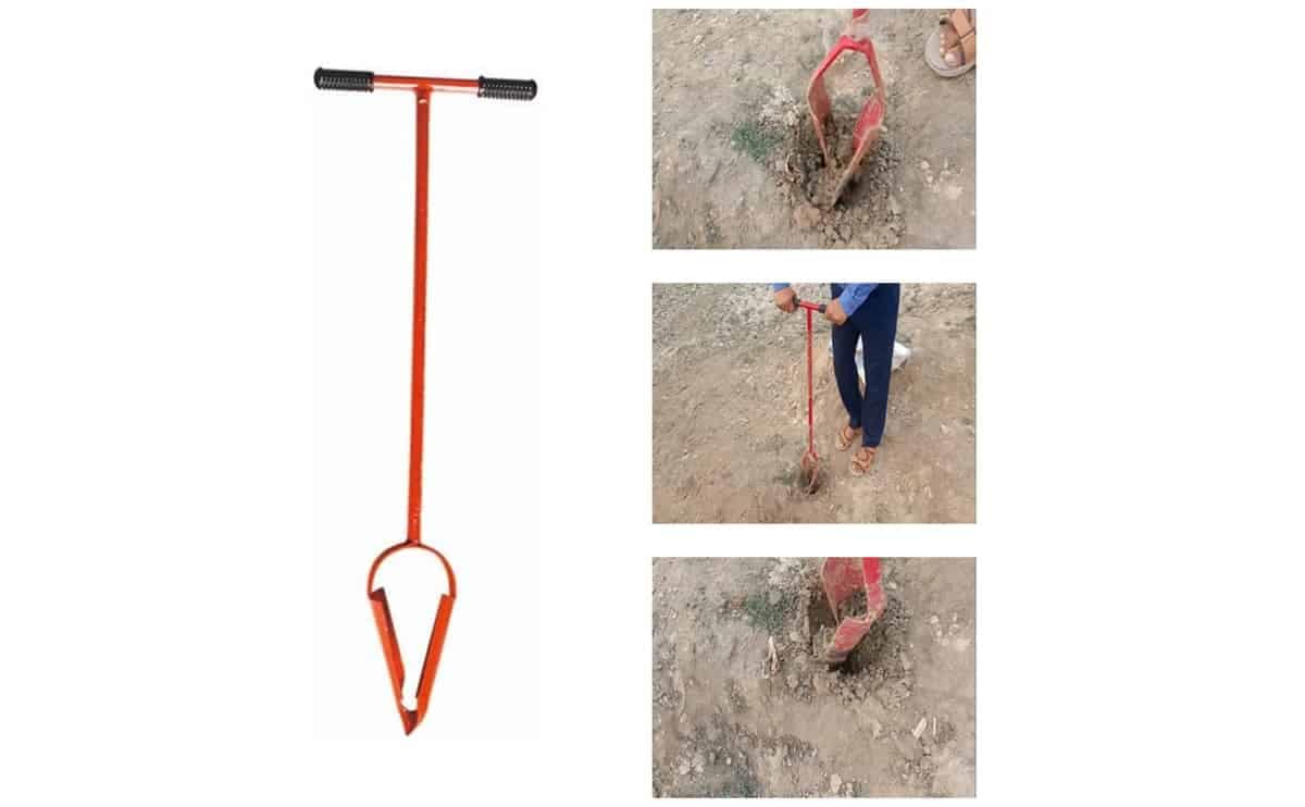 Soil auger garden tool for boring round holes into soil